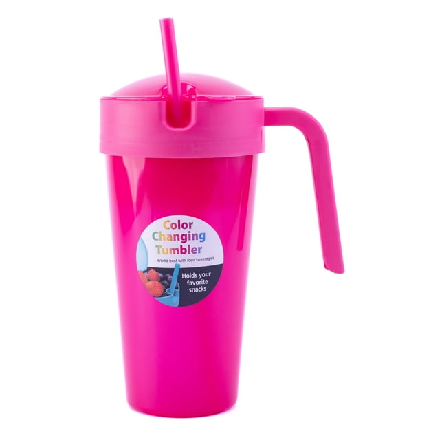 Mainstays 24 oz Plastic Snack Tumbler with Straw, Pink, Color Changing ...
