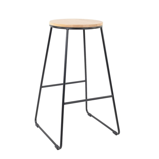 Mainstays 28"H Backless Stool Black Metal Base with Natural Wood Seat ...