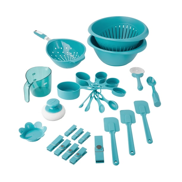 Mainstays 28-Piece Plastic Kitchen Tools and Gadgets Set, Teal ...