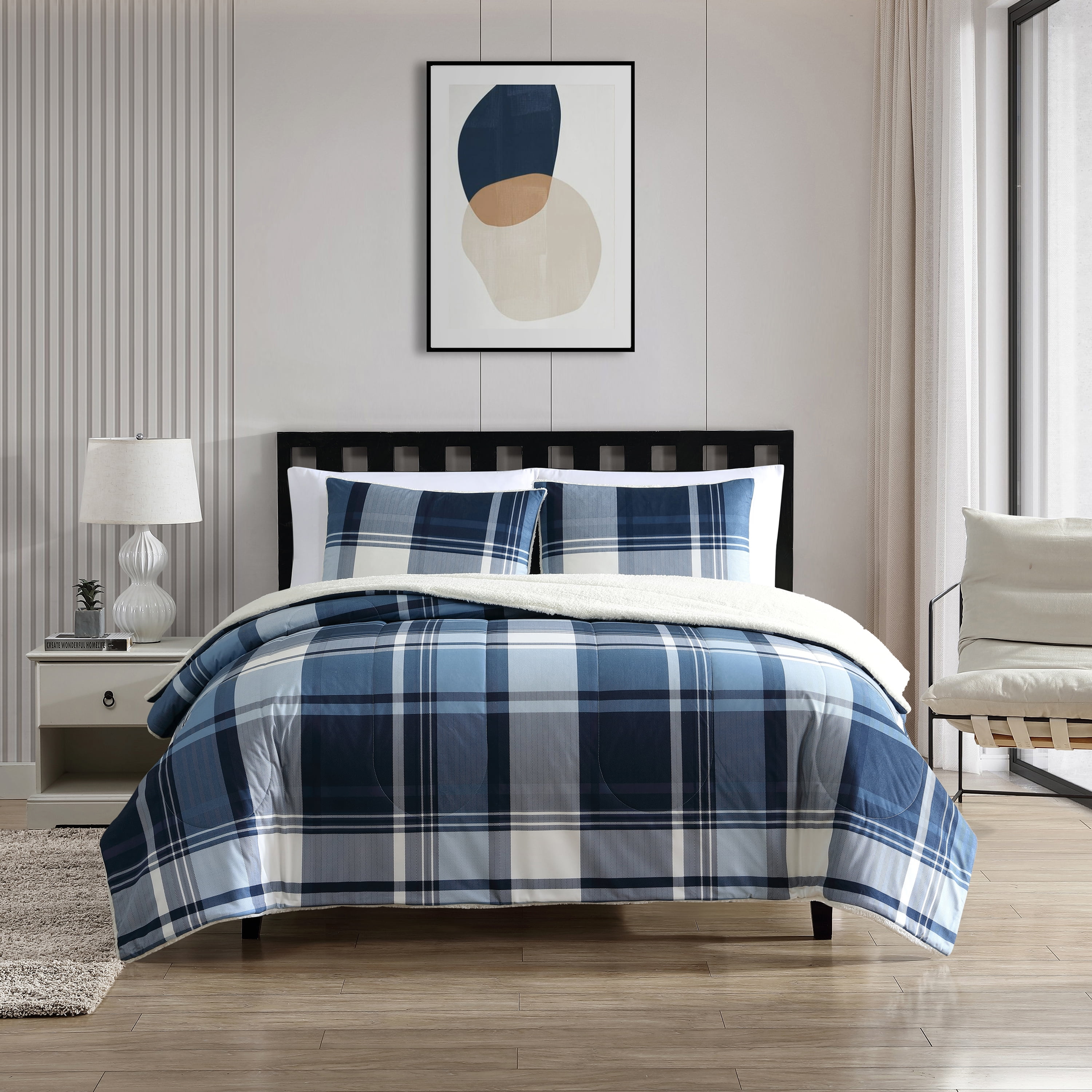 Mainstays 3-Piece Adult Comforter Set, Blue Plaid, King - Walmart.com