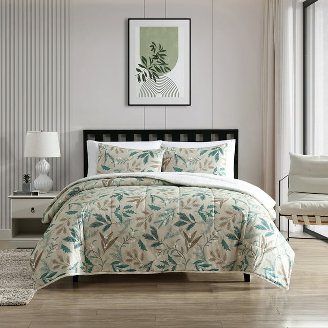 Mainstays 3-Piece Adult Comforter Set, Green Botanical, Full/Queen ...