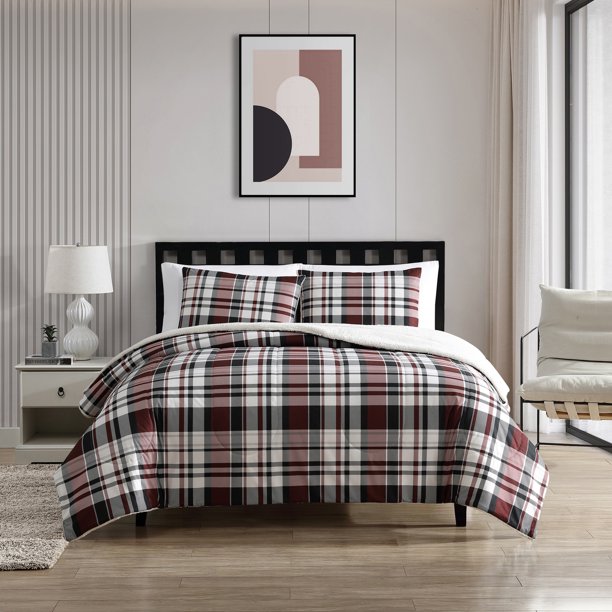 Mainstays 3-Piece Adult Comforter Set, Red Plaid, King - Walmart ...