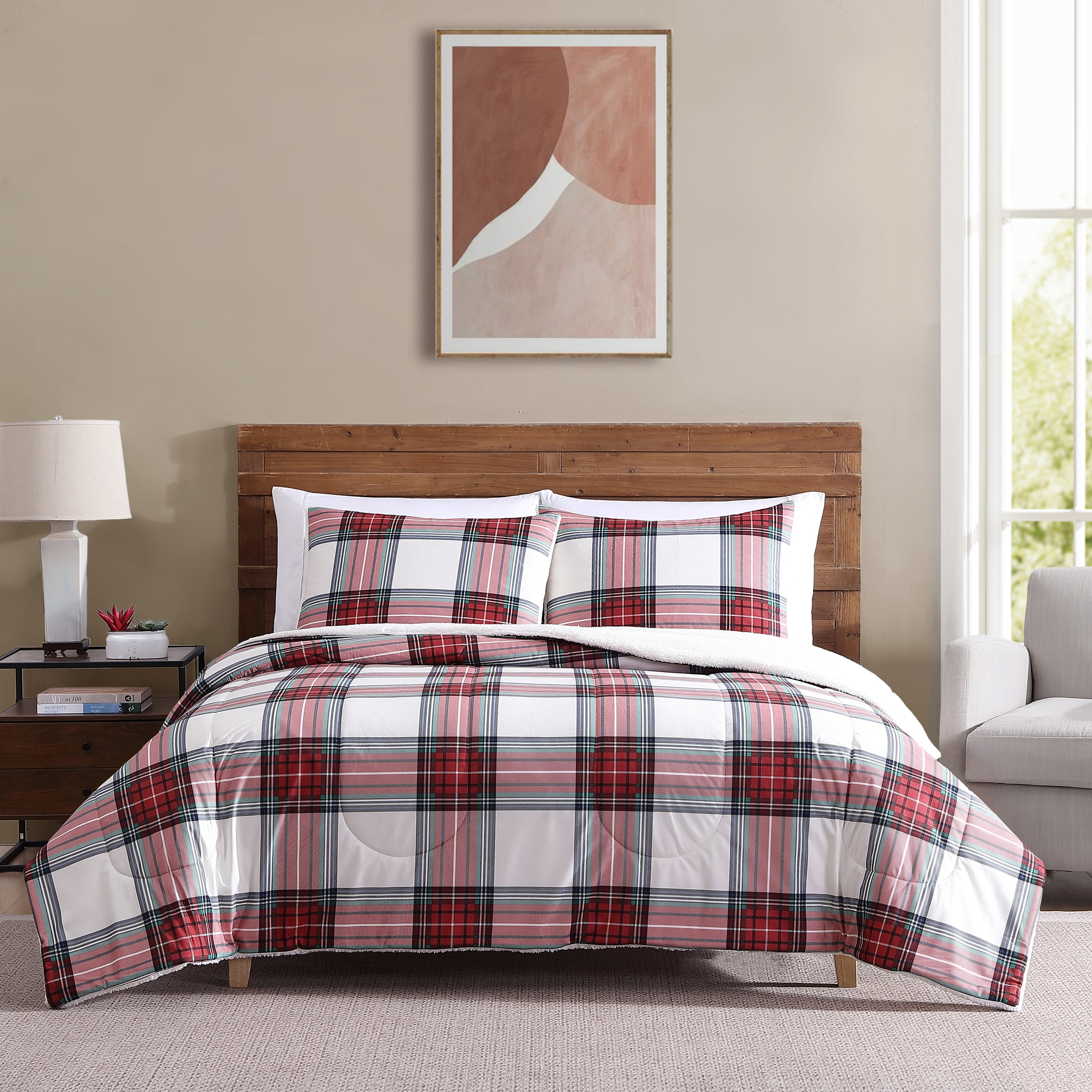 Mainstays 3-Piece Adult Comforter Set, Red Tartain Plaid, Full,Queen ...