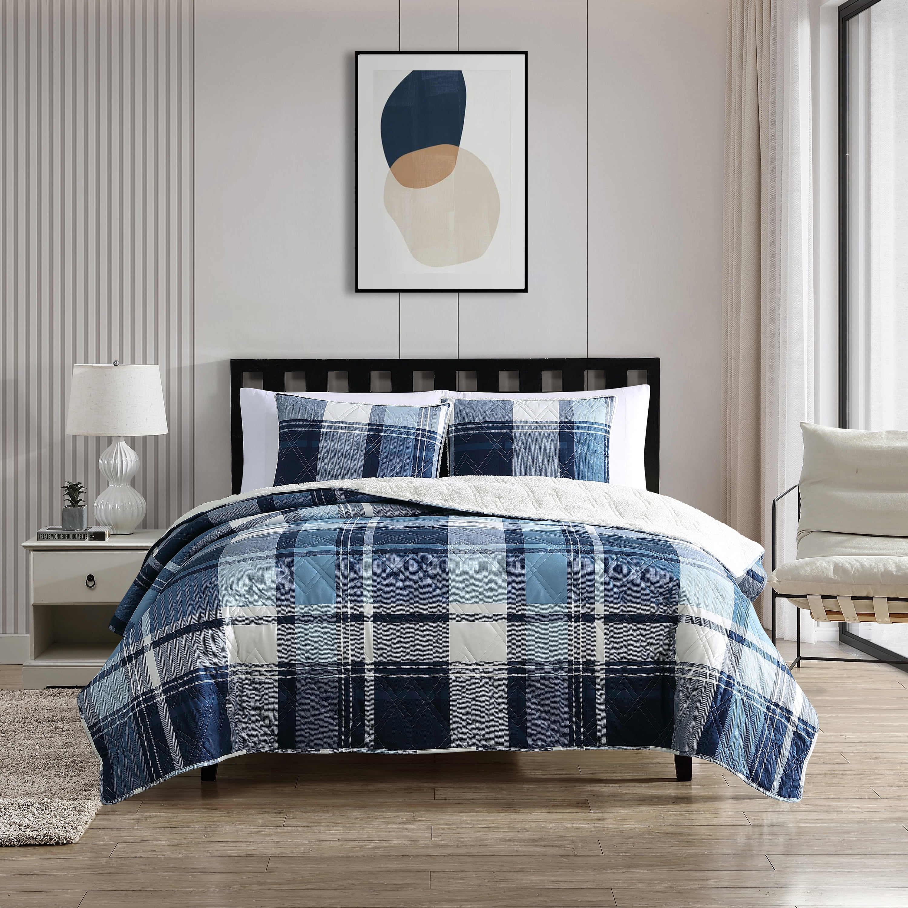 Mainstays 3-Piece Adult Quilt Set, Blue Plaid, King - Walmart.com
