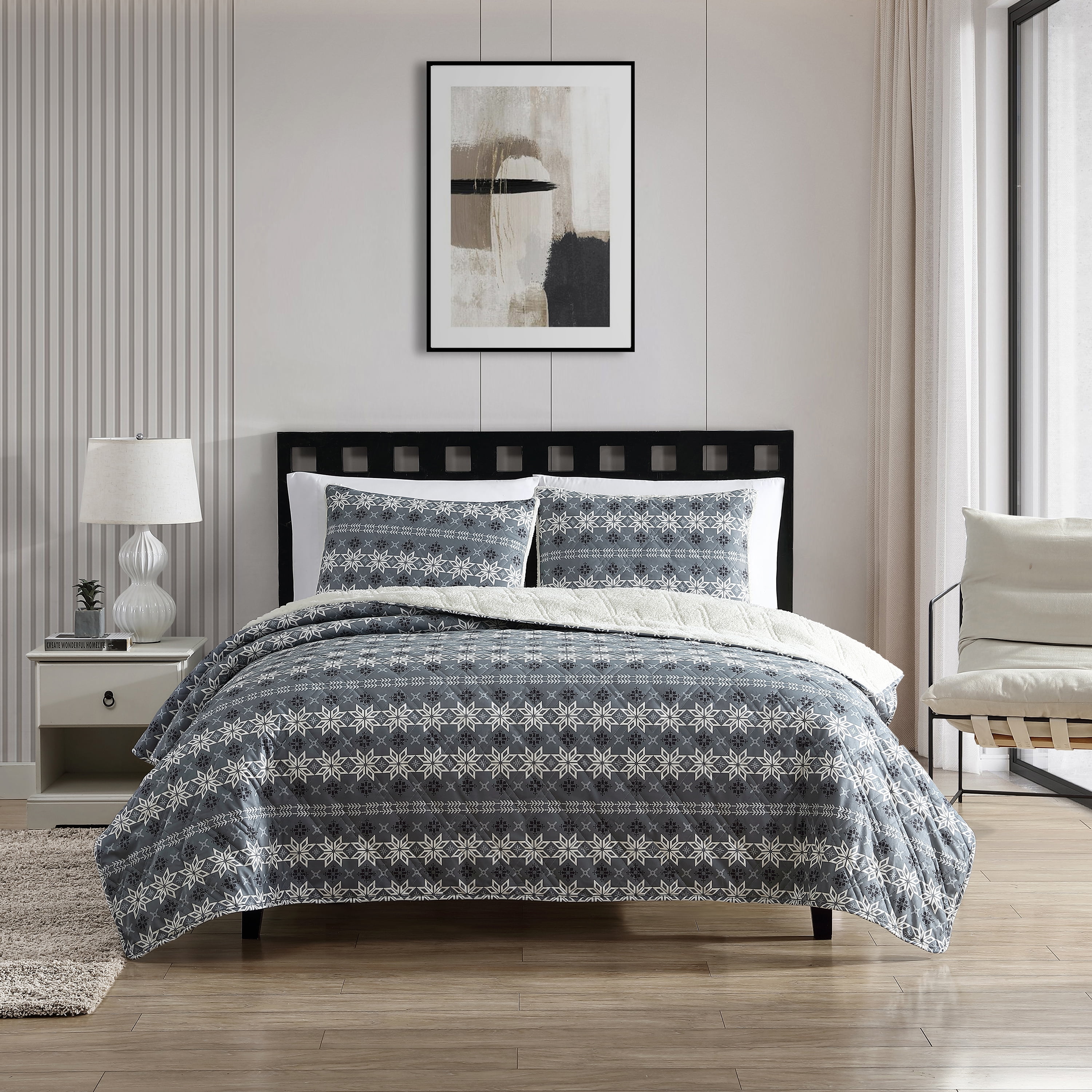Mainstays 3-Piece Adult Quilt Set, Gray Fair Isle, Full/Queen - Walmart.com