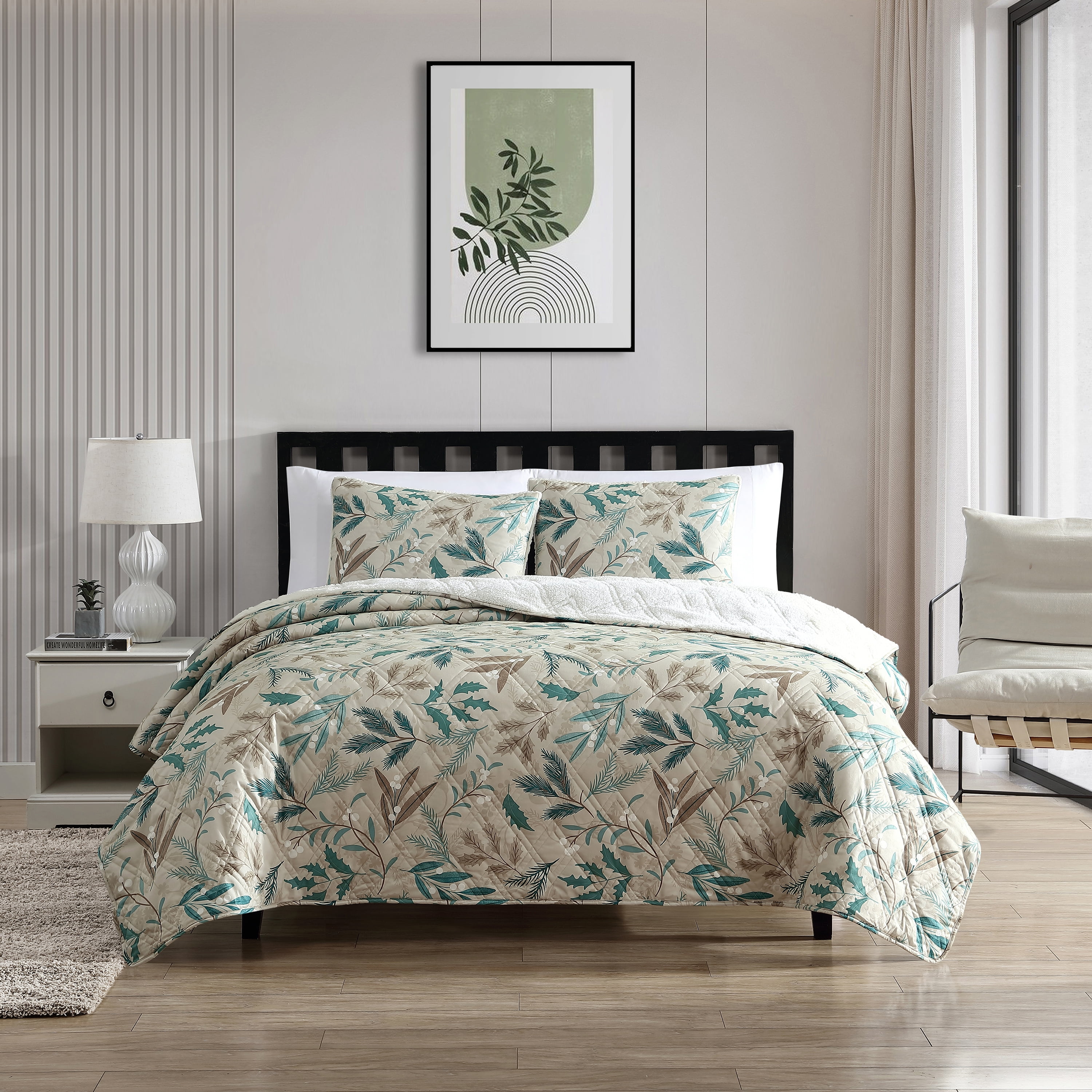Mainstays 3-Piece Adult Quilt Set, Green Botanical, Full/Queen ...