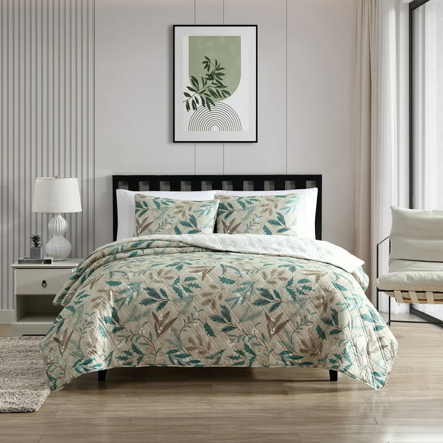 Mainstays 3-Piece Adult Quilt Set, Green Botanical, Full/Queen ...