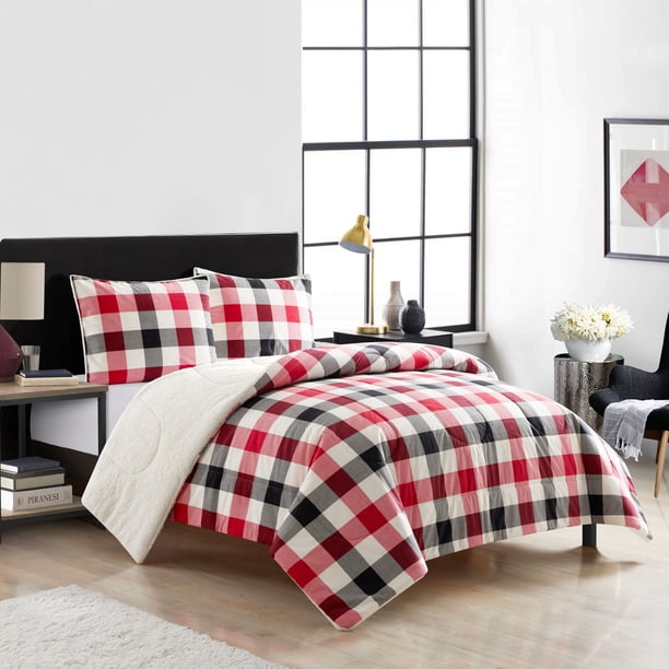 Mainstays 3-Piece Red Plaid Reversible Sherpa Comforter Set, Full/Queen ...