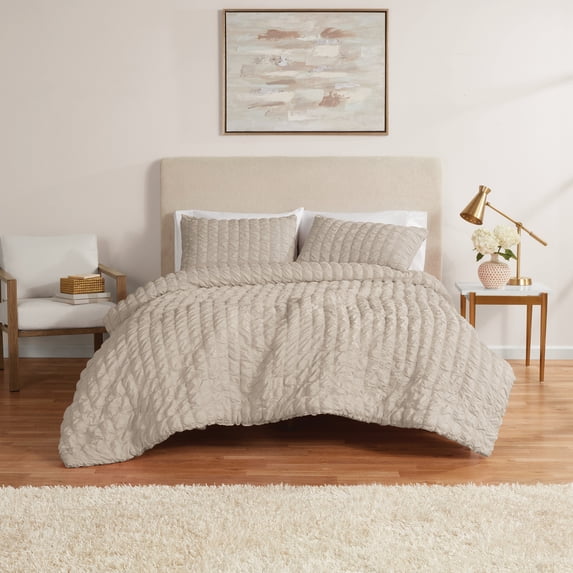 Mainstays Comforter Set 3-Piece Seersucker F/Q Stone Neutral Bedding ...