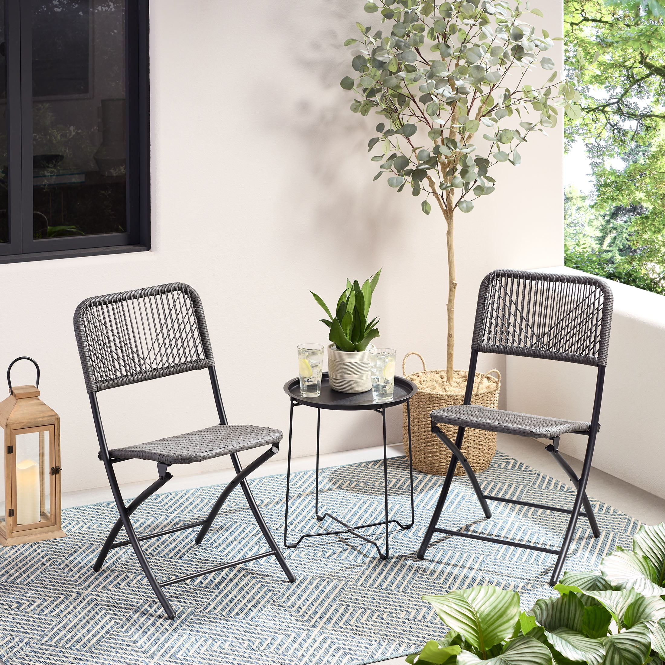 Mainstays 3 Piece Steel and Wicker Rope Folding Outdoor Patio Bistro Set Gray Black