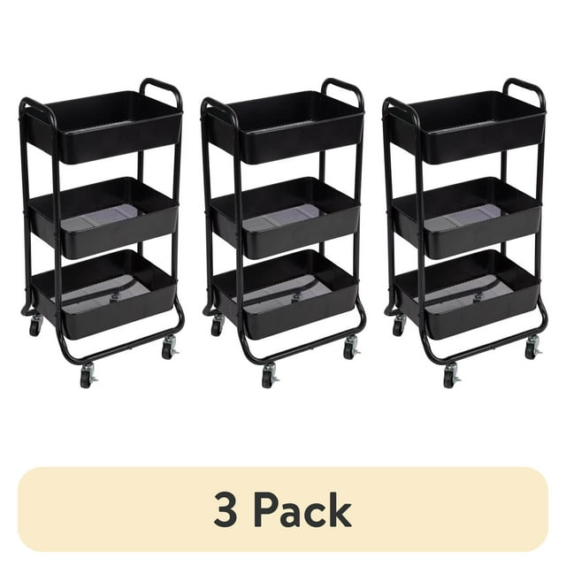 (3 pack) Mainstays 3 Tier Metal Utility Cart, Rich Black, Easy Rolling ...