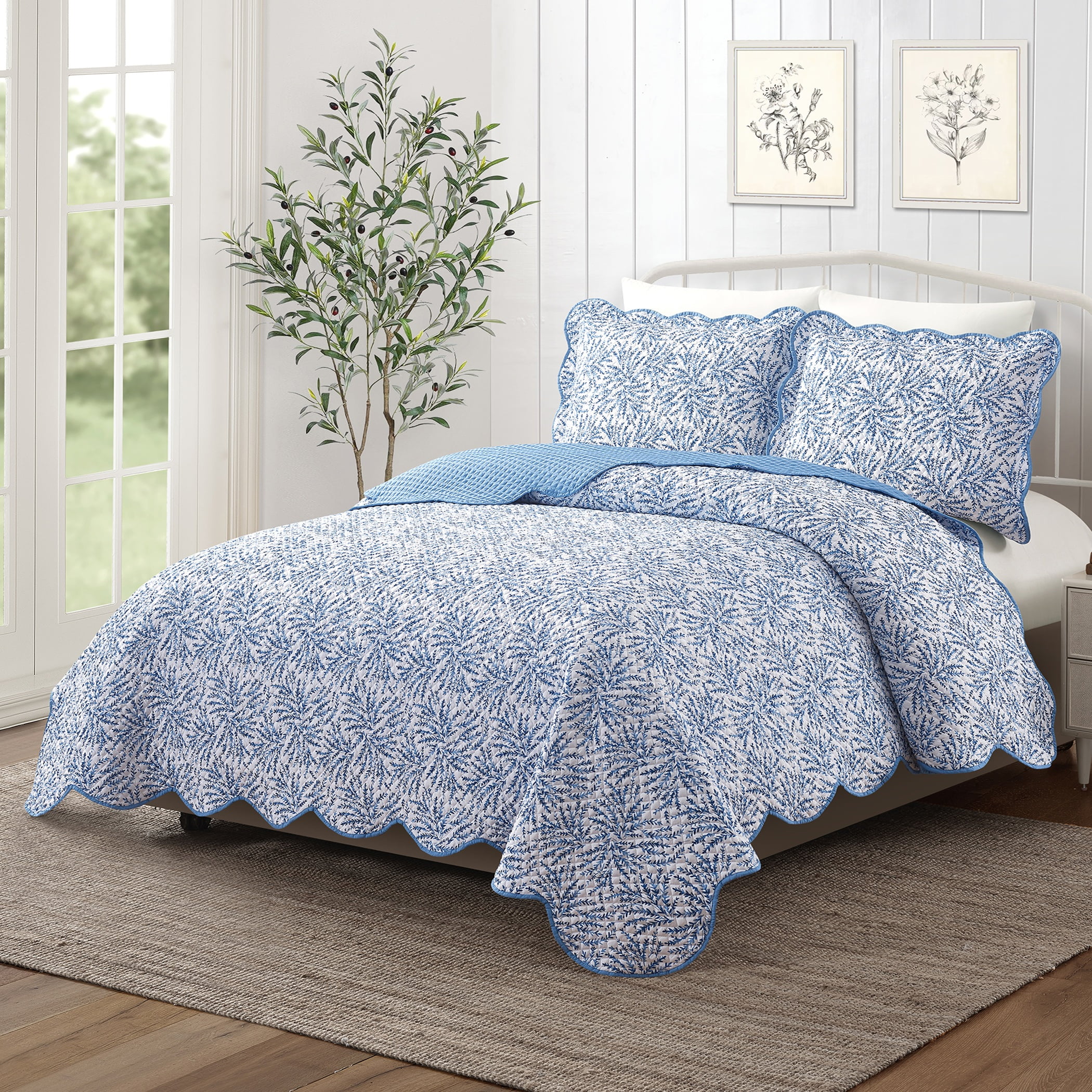 Mainstays Blue Fern Full/Queen Quilt Set with Scalloped Edges, 86x90 ...