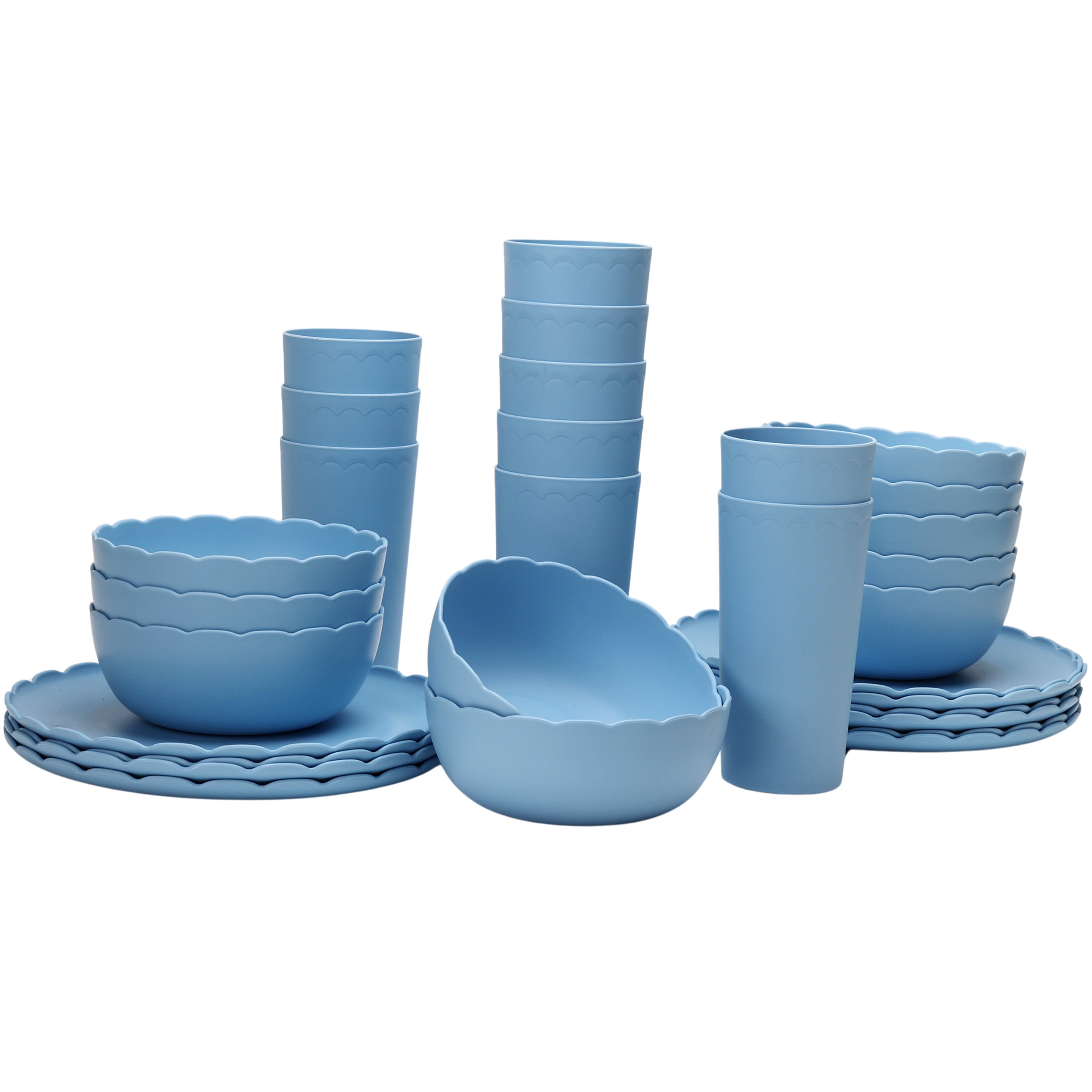 Mainstays 30-Piece Plastic Scalloped Dinnerware Bundle Set, Blue ...