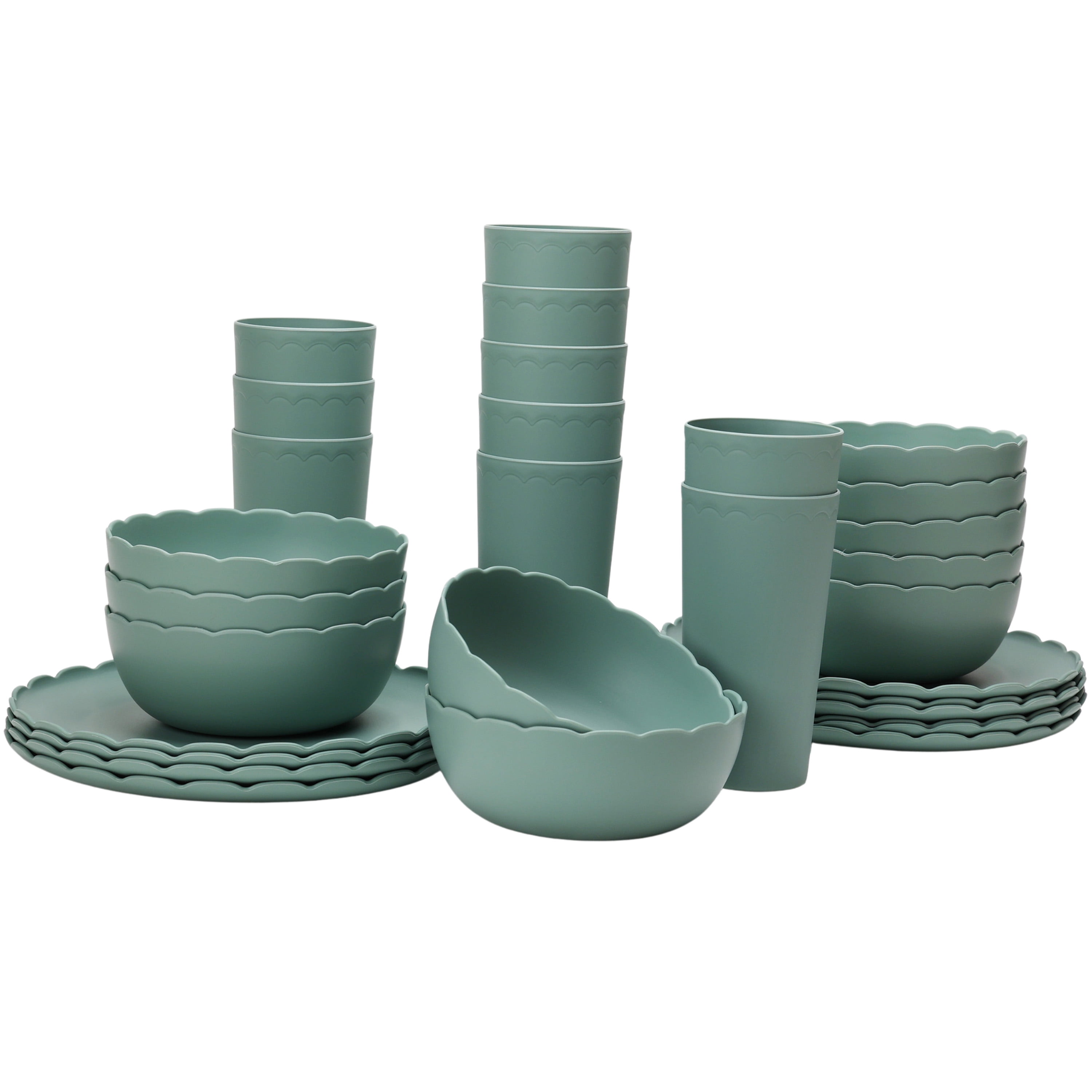 Mainstays 30-Piece Plastic Scalloped Dinnerware Bundle Set, Sage ...