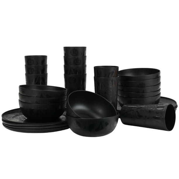 Mainstays Plastic Etched Halloween 30 Piece Dinnerware Set, Black ...