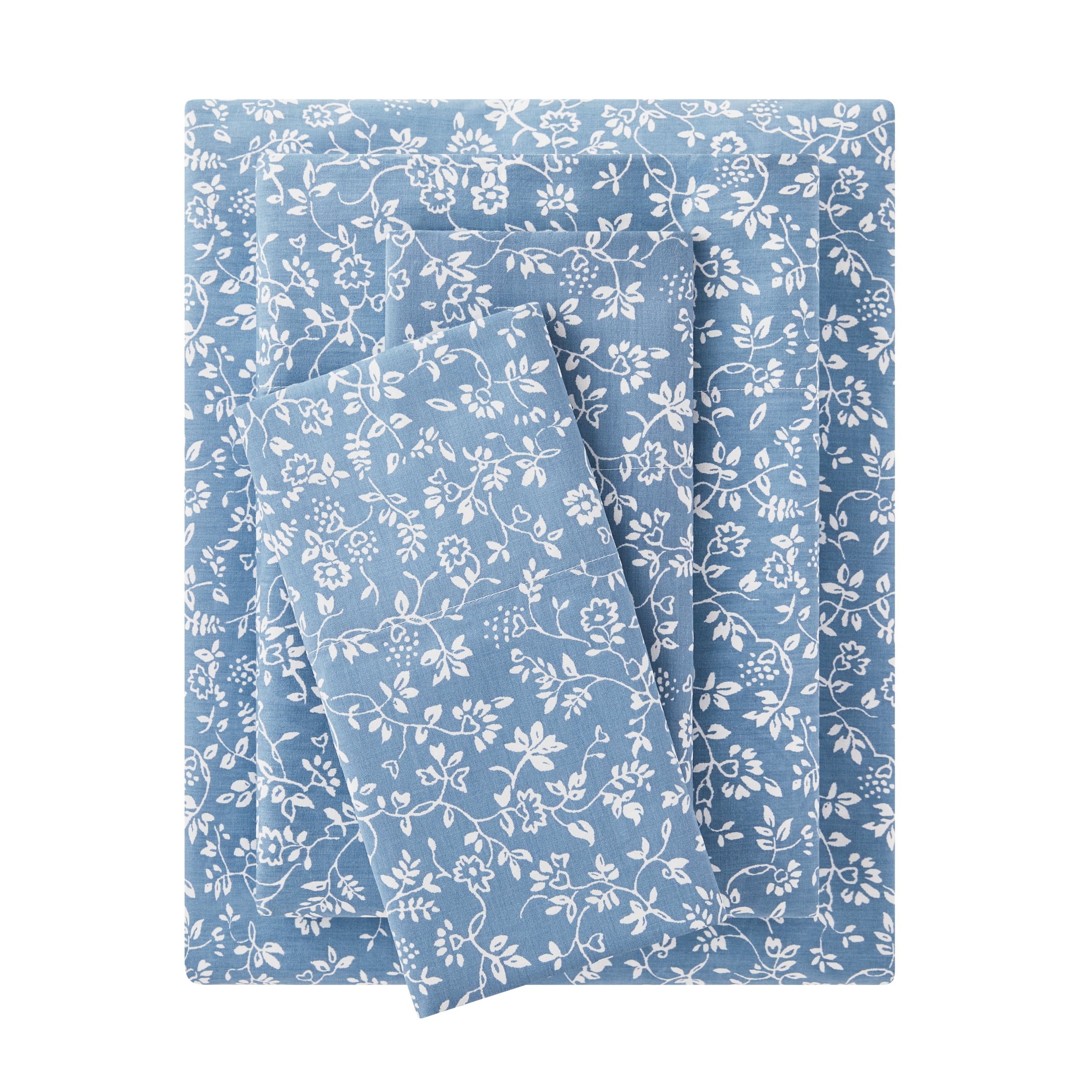 Mainstays 4-Piece 300 Thread Count Blue Floral CVC Cotton Blend Bed ...