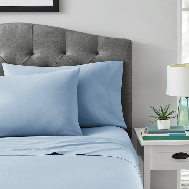 Mainstays 4-Piece 300 Thread Count Solid Placid-Blue CVC Cotton Blend Bed Sheet Set, Queen ...