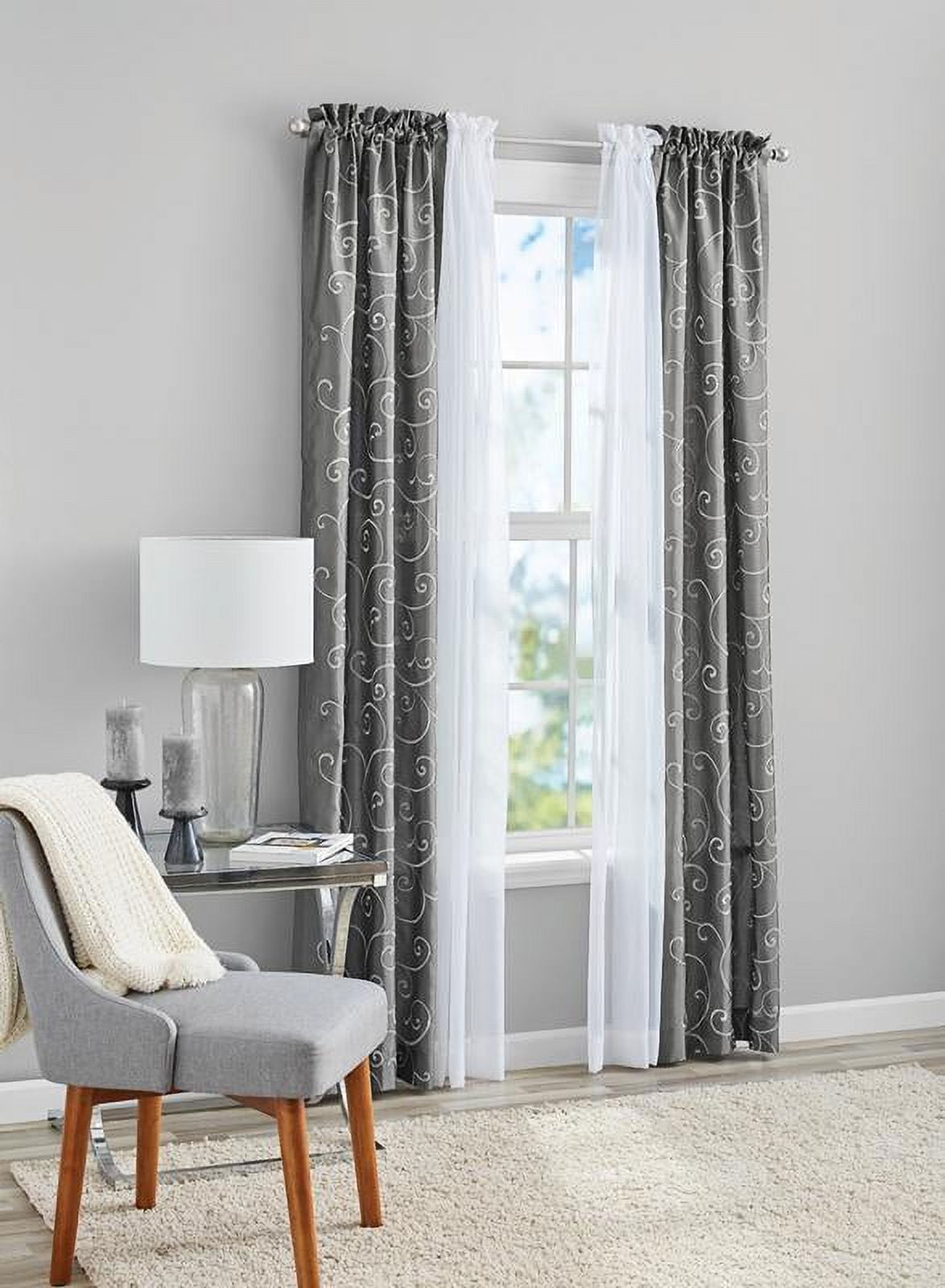 Mainstays 4 Piece Embroidered Curtain Panel Set, 27.5" x 84", Gray ...