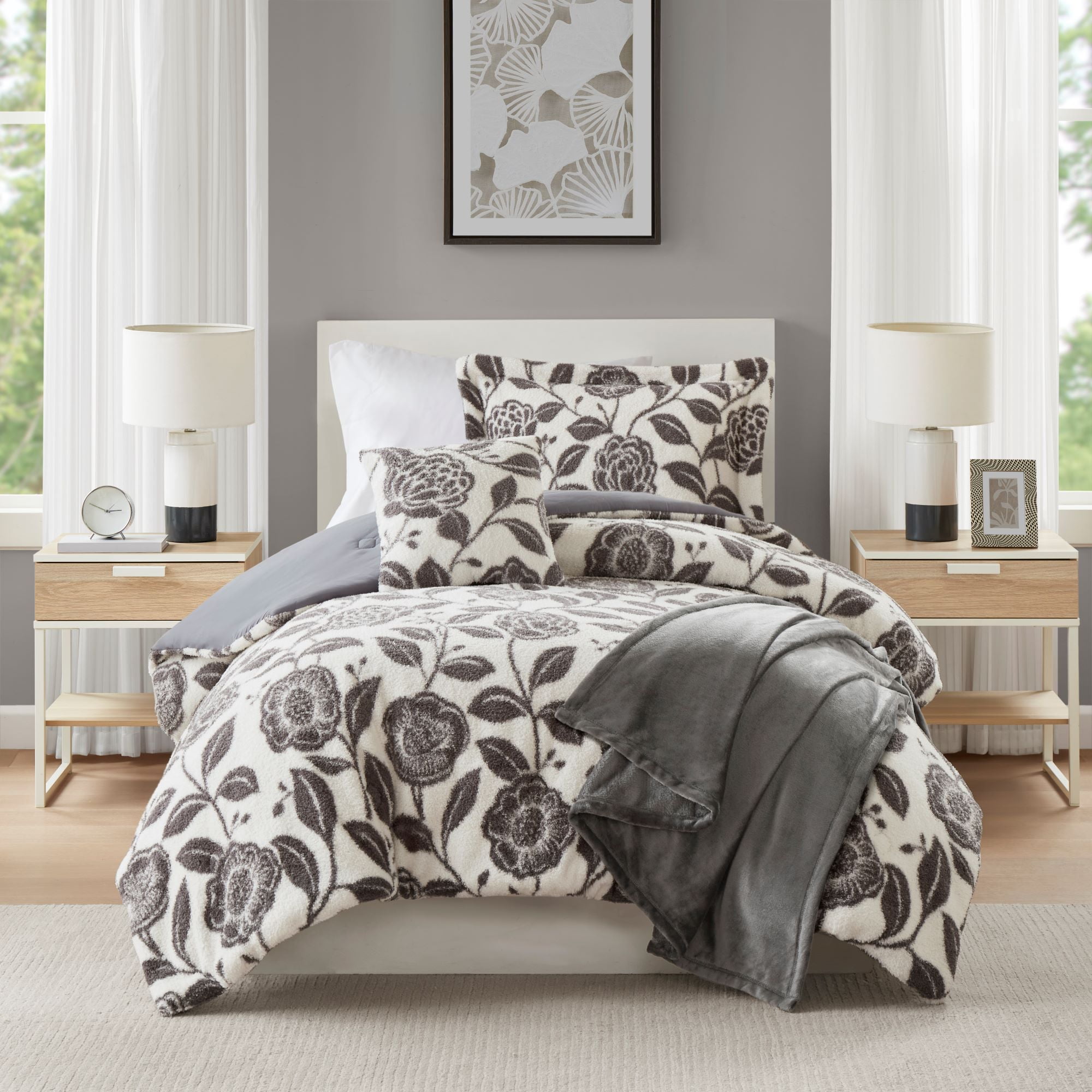 Mainstays 4-Piece Grey Cozy Plush Comforter Set, T/TXL - Walmart.com