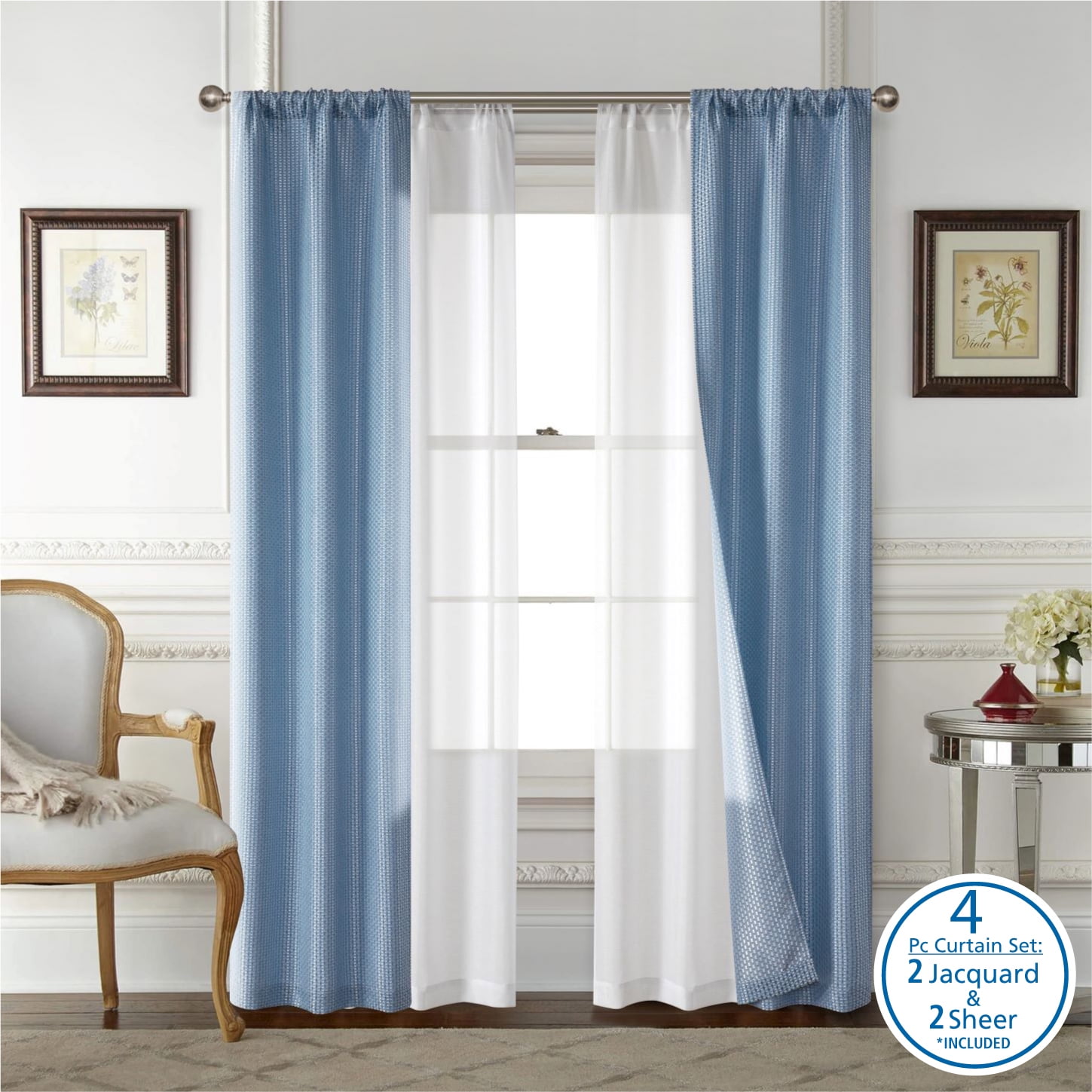 Mainstays 4 Piece Wave Jacquard Curtain Panel Set Blue 27.5 W x 95 L ...