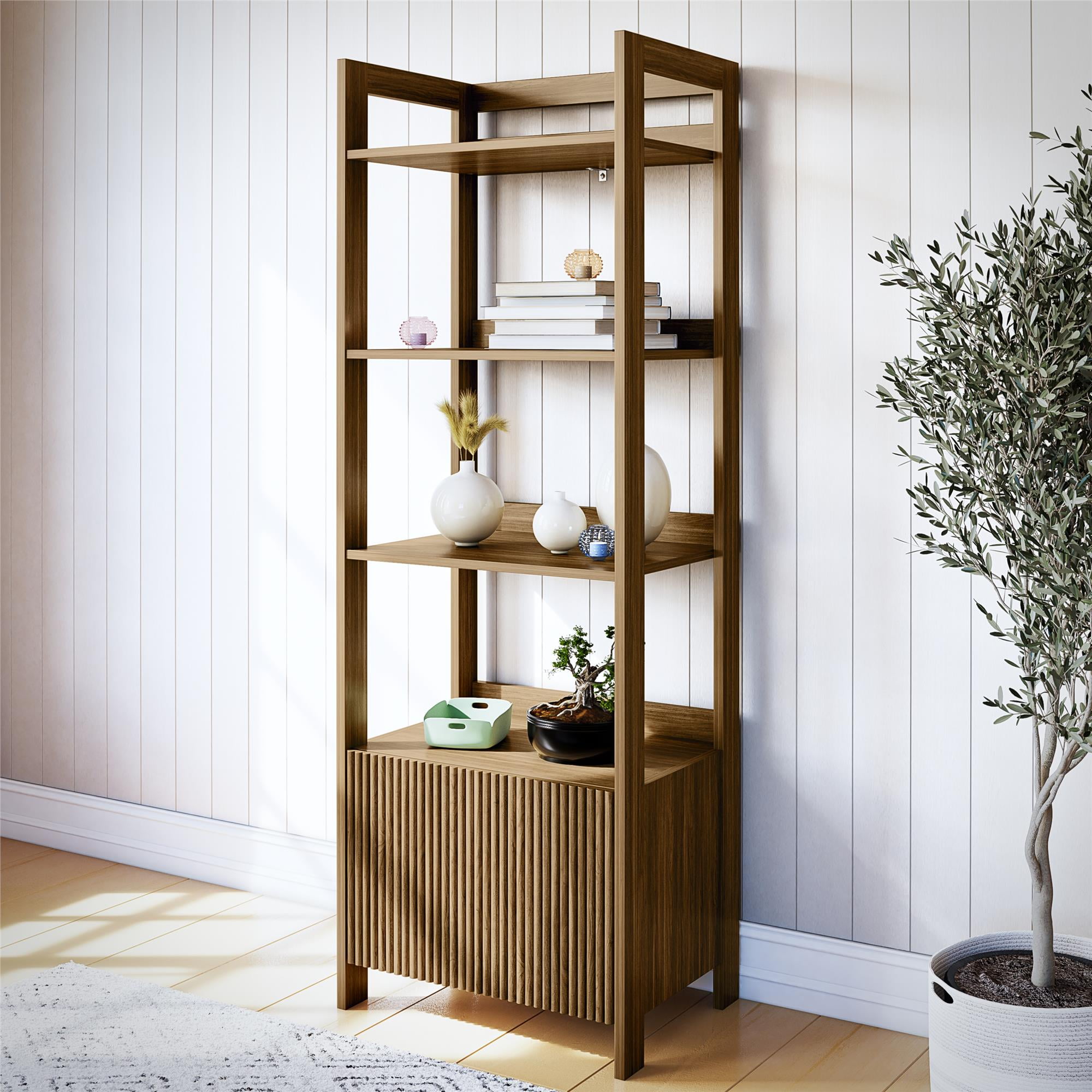Mainstays Fluted Narrow Bookcase with 4 Shelves and Drawer, Natural ...
