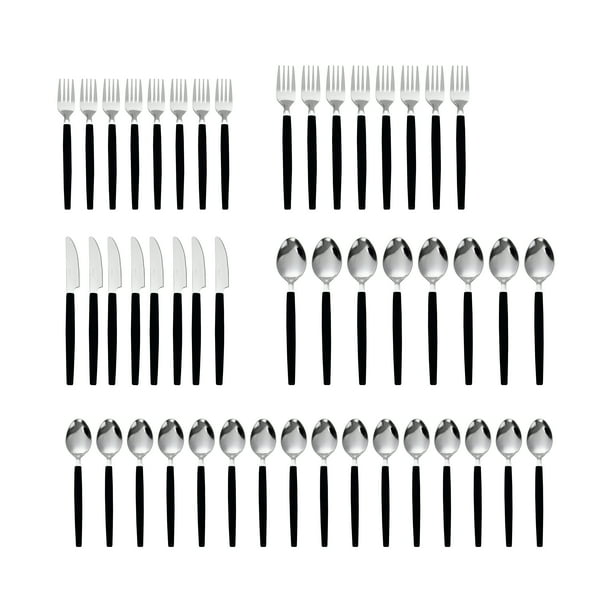 Mainstays 49 Piece Stainless Steel and Black Plastic Flatware Set with ...
