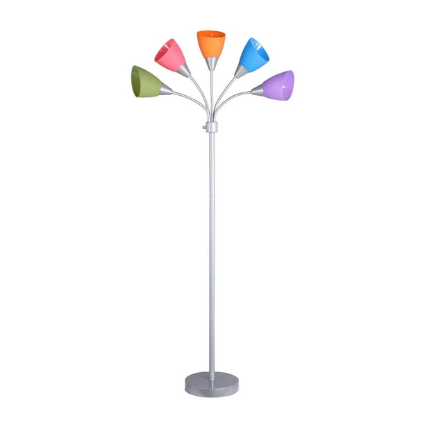 Mainstays 5 Light Floor Lamp, Multi-Color Shades, Metal Silver Finish ...