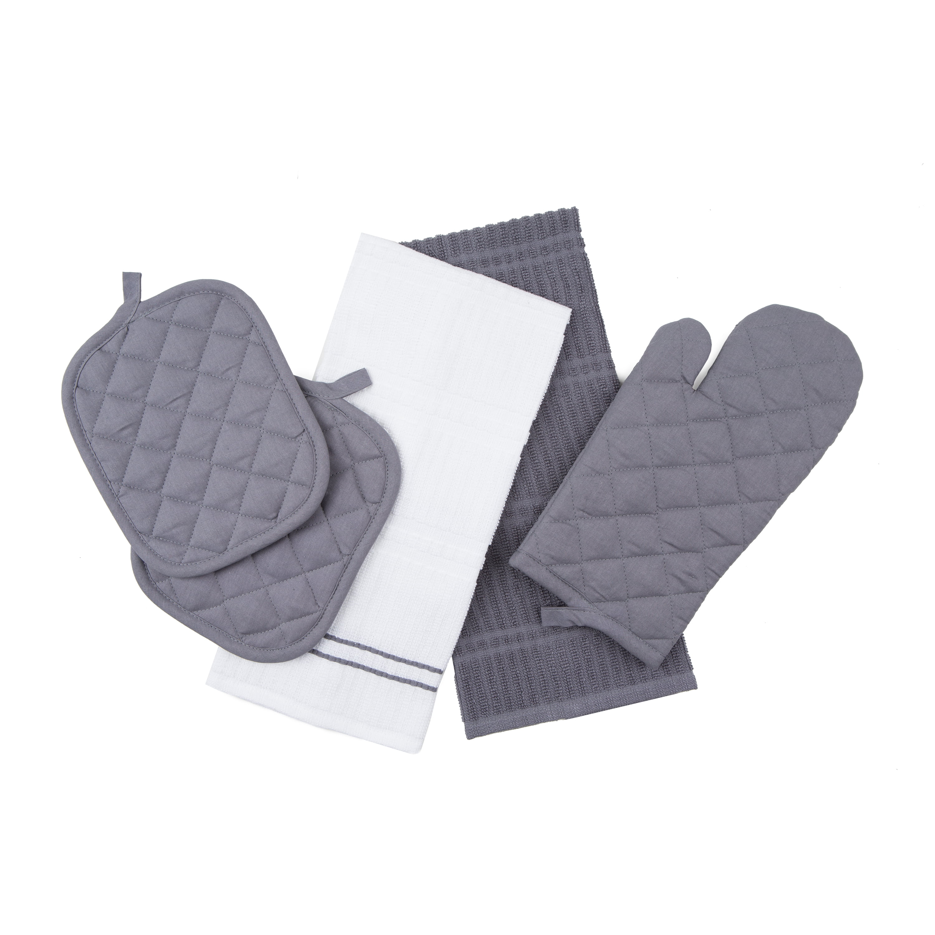 Mainstays 5 Pc Kitchen Set - Gray Cotton Towels, Oven Mitt, Pot Holders ...