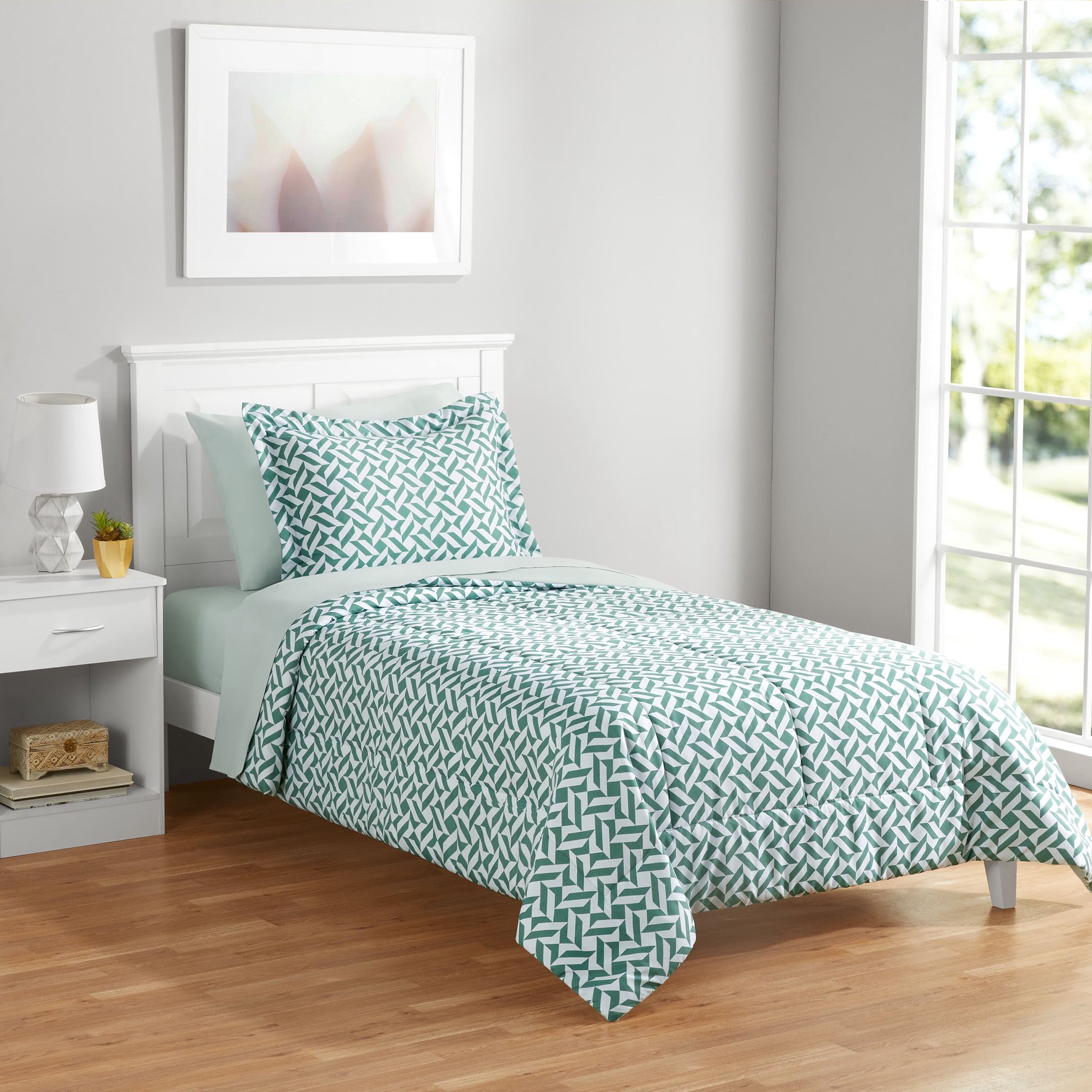 Mainstays Bed in a Bag Comforter Set with Sheets Green Geo Twin XL 5 ...