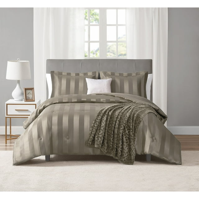 Mainstays 5-Piece Champagne Damask Stripe Comforter Set, Full/Queen ...