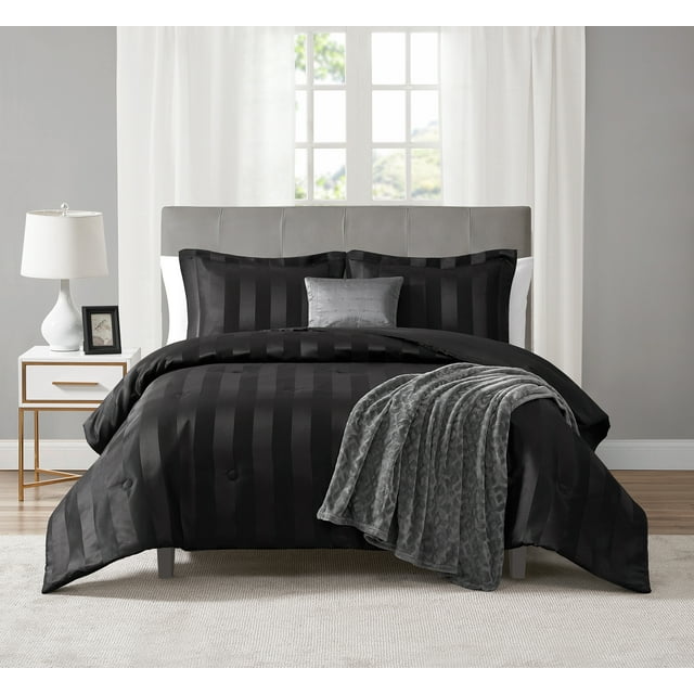 Mainstays 5-Piece Black Damask Stripe Comforter Set, Full/Queen ...