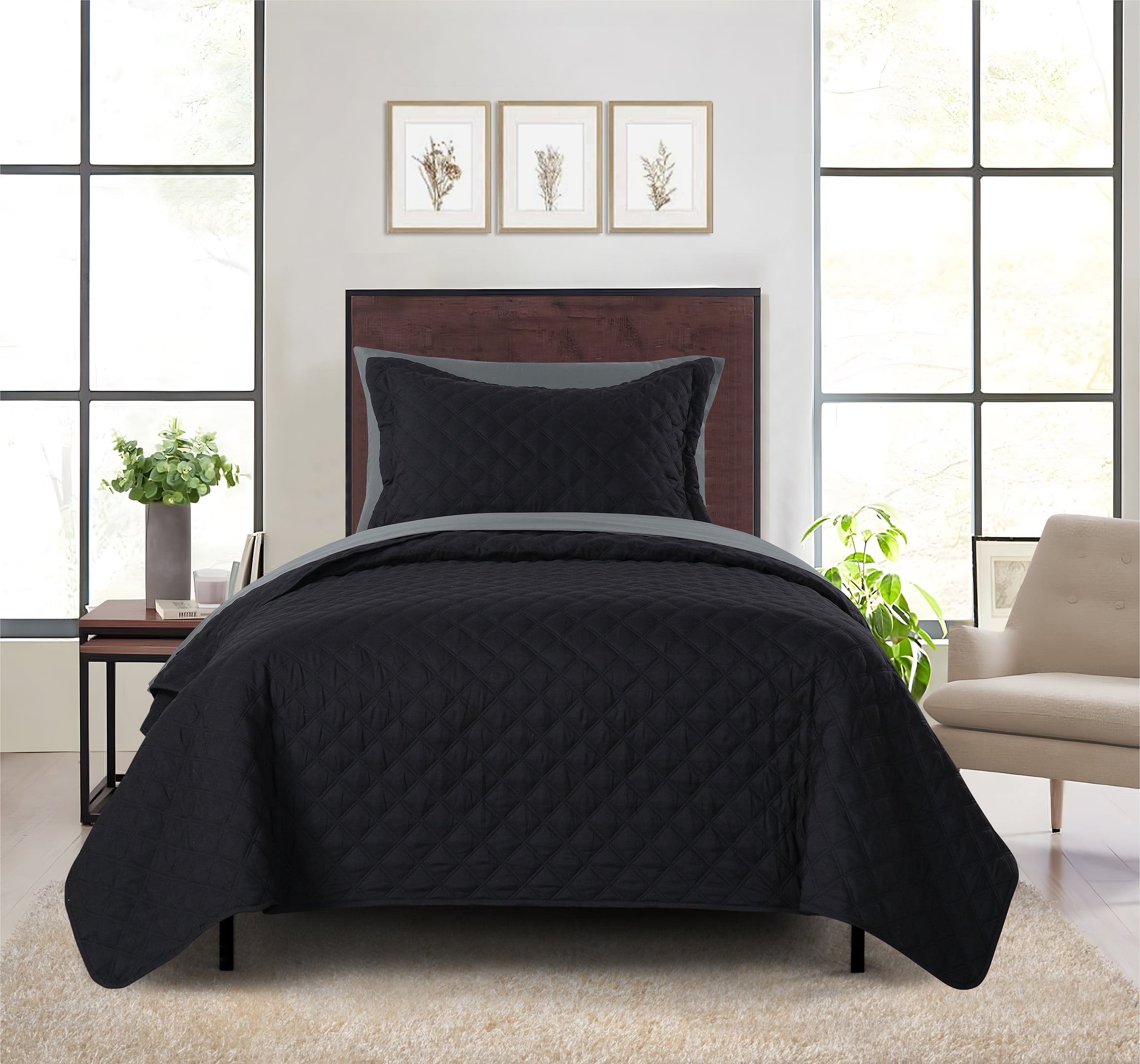 Free Shipping! Mainstays Black Reversible Quilt Set with Dark Gray ...