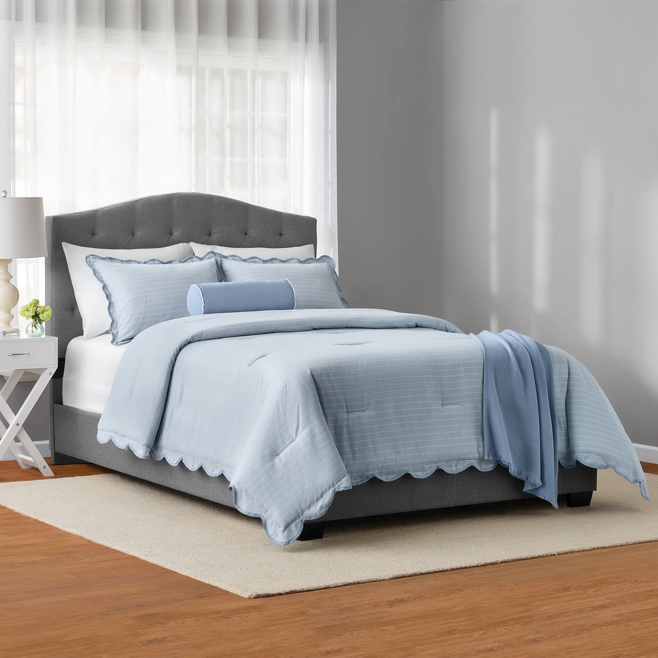 Mainstays Scallop 5-Piece Pick Stitch Blue Comforter Set, Full/Queen ...