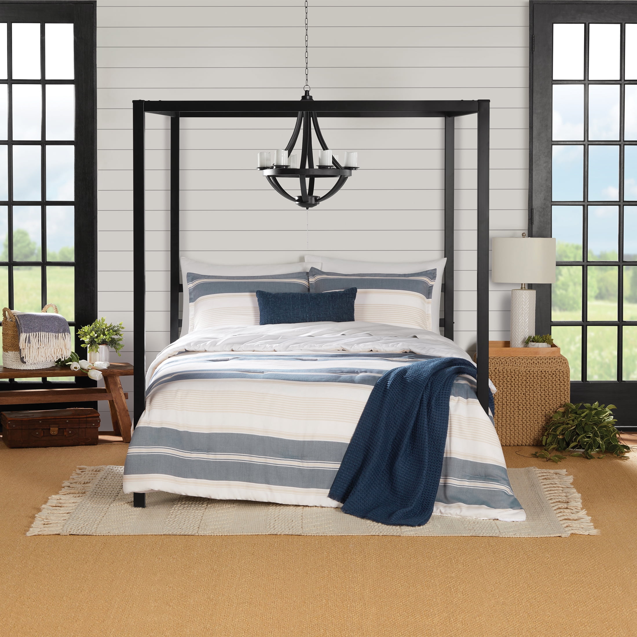Mainstays Stripe 5-Piece Blue/Tan Woven Yarn Comforter Set, King ...