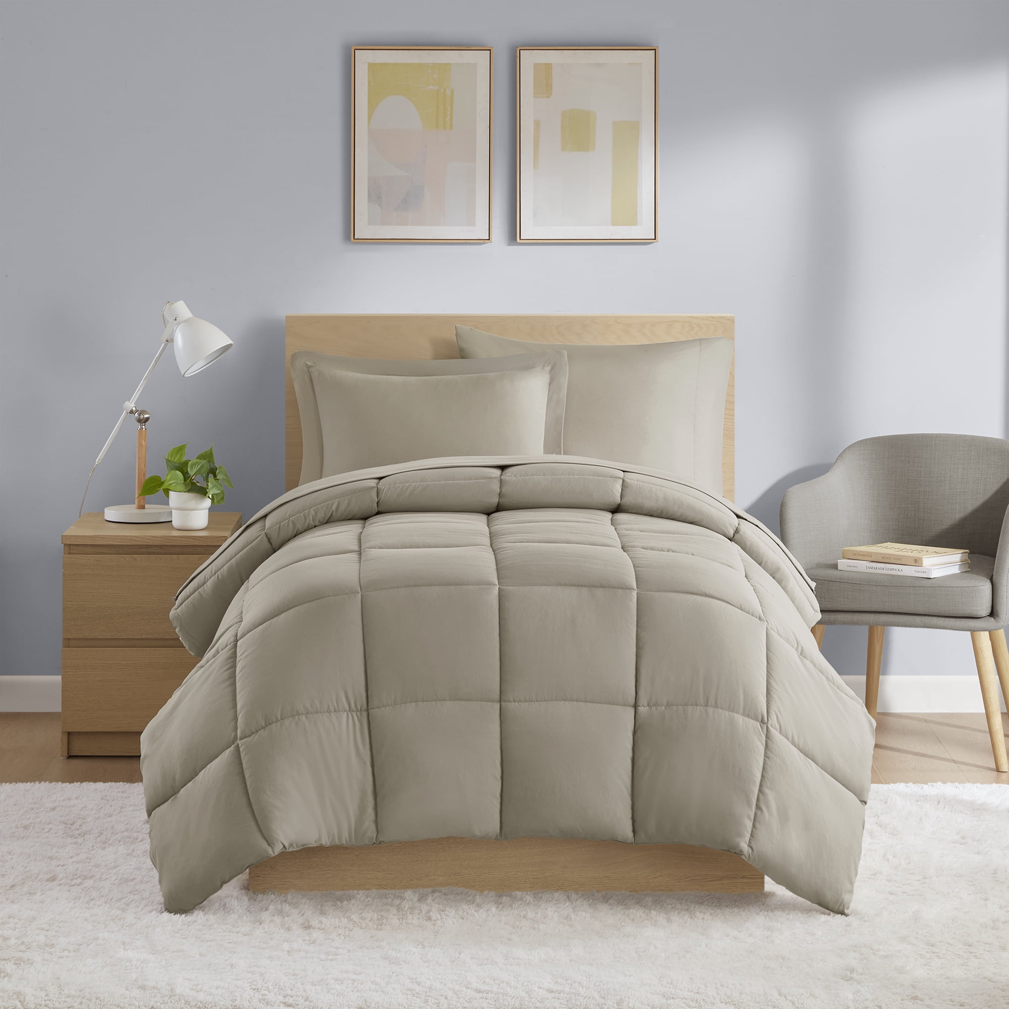 Mainstays 5-Piece Down Altermative Bed in a Bag Comforter Set, Stone, T ...