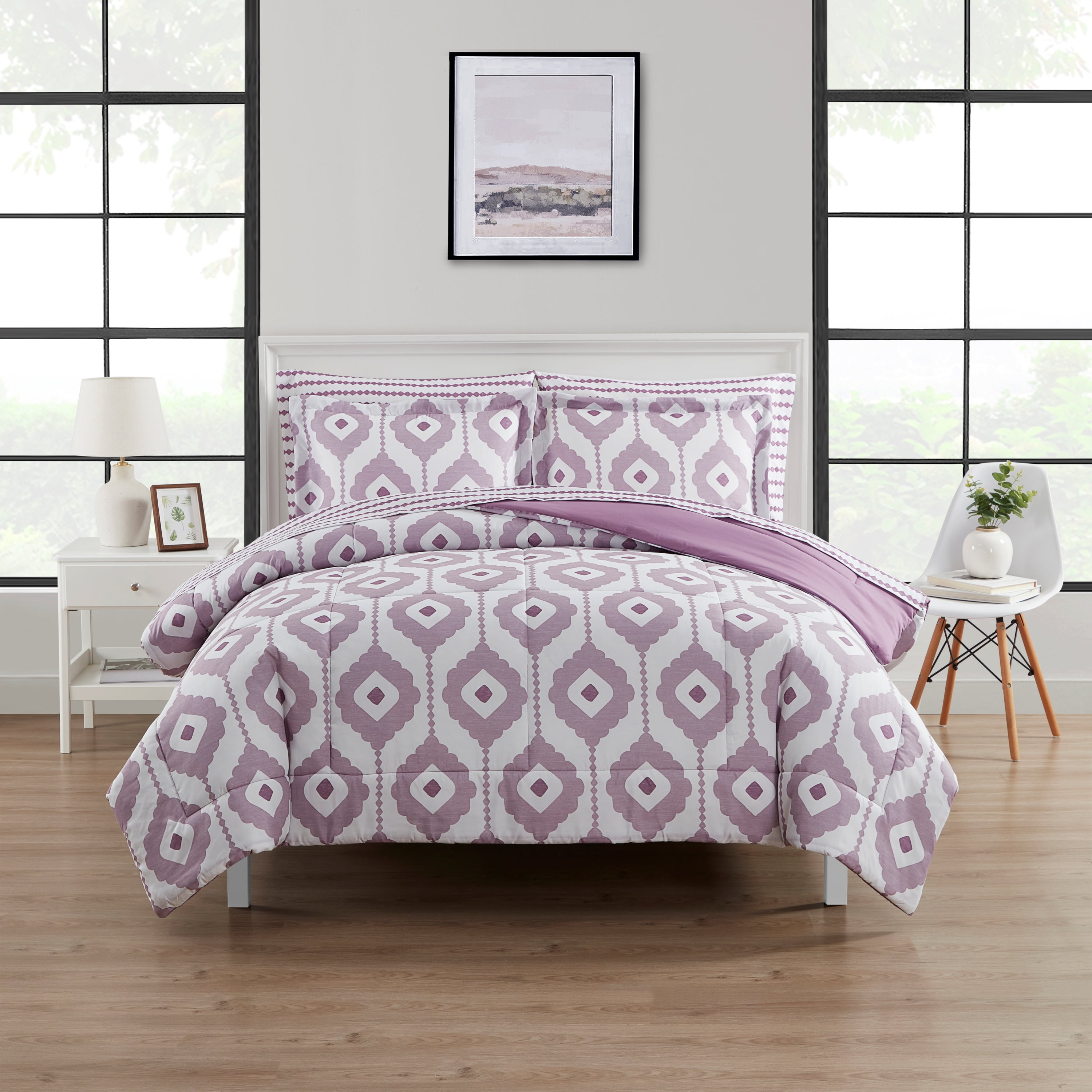 Mainstays 5 Piece Reversible Bed in a Bag with Sheets, Lilac Geo, Twin ...