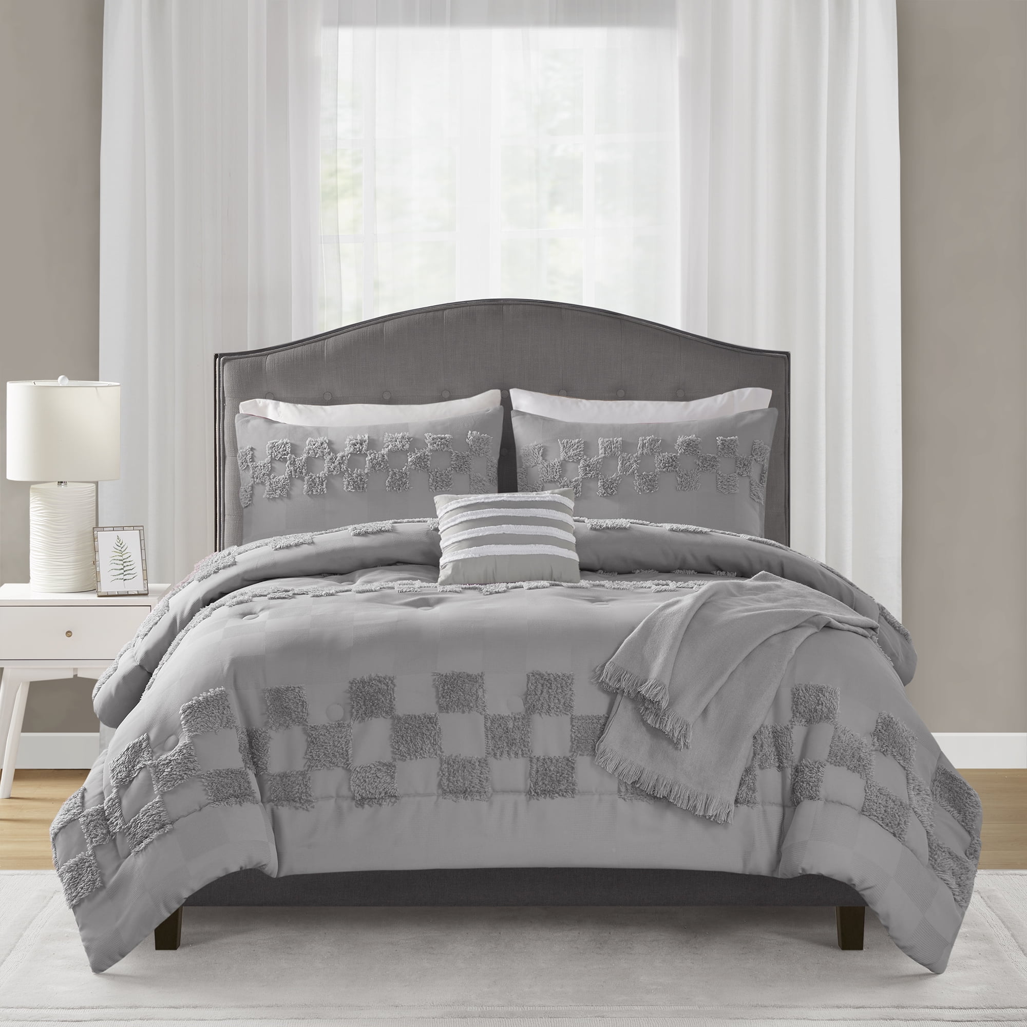 Mainstays 5-Piece Grey Check Comforter Set, Full/Queen - Walmart.com