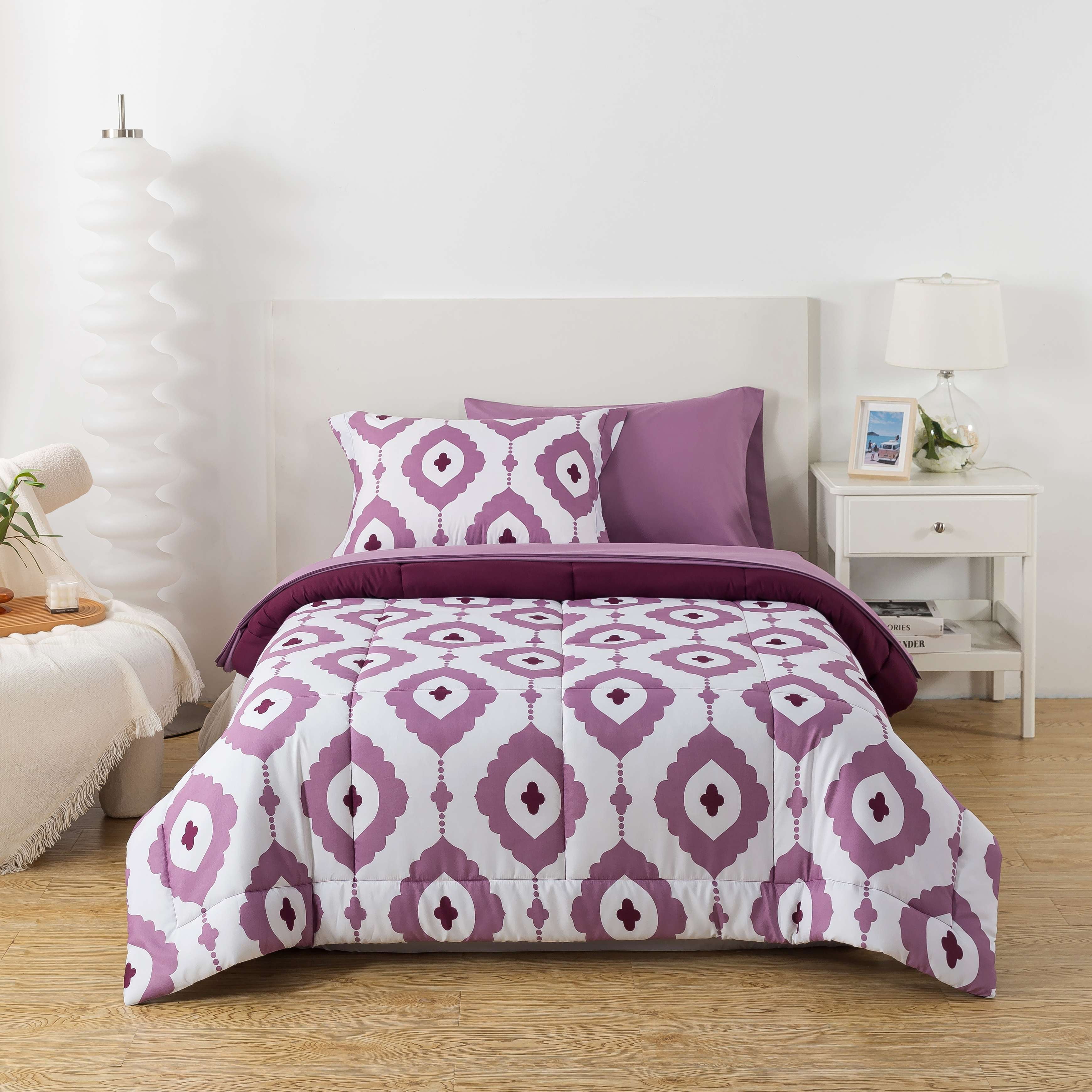 Mainstays Reversible Bed in a Bag Comforter Set with Sheets Purple Geo ...