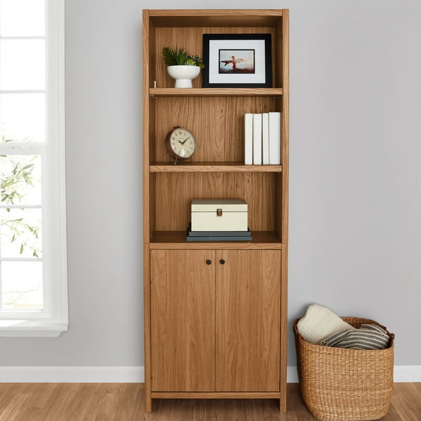 Mainstays Westley 5 Shelf Bookcase with Doors, Walnut Finish - Walmart ...