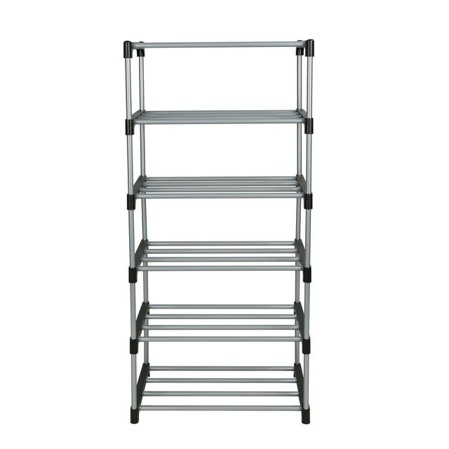Mainstays 6 Tier Shoe Rack, Black and Silver, 8 Pairs of Shoes, Metal ...