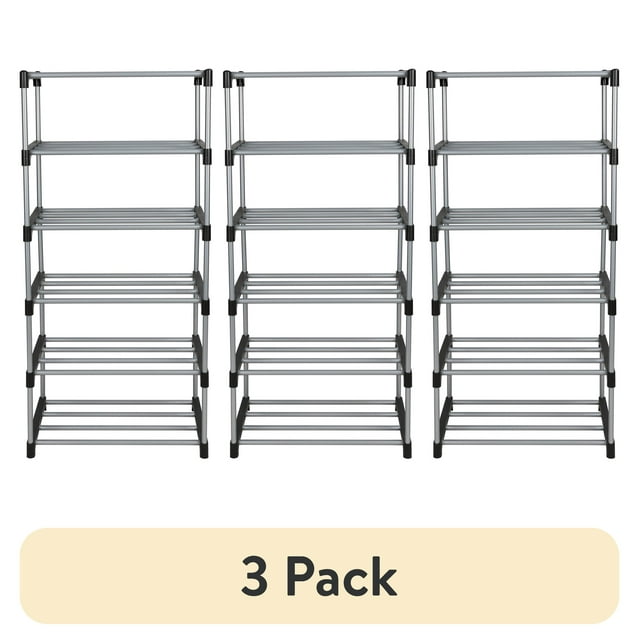 (3 pack) Mainstays 6 Tier Shoe Rack, Black and Silver, 8 Pairs of Shoes ...