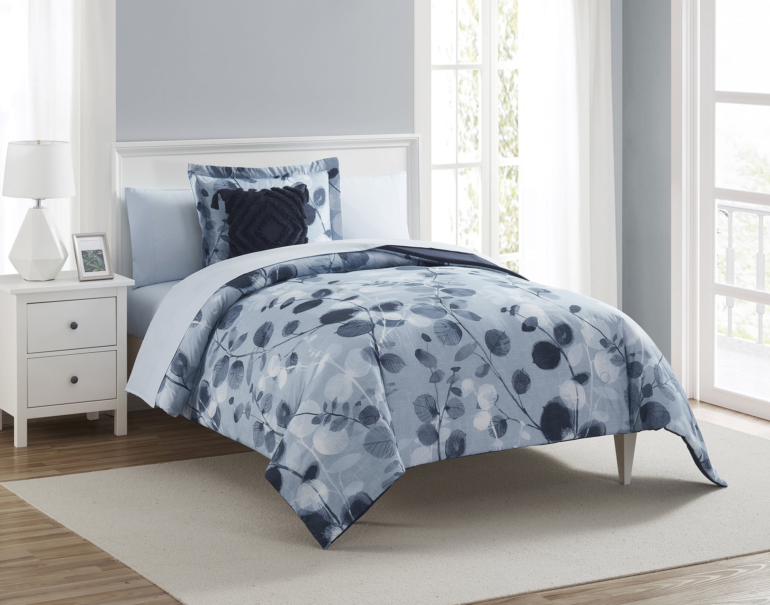 Free Shipping! Mainstays Blue Leaves 7 Piece Bed in a Bag Comforter Set ...