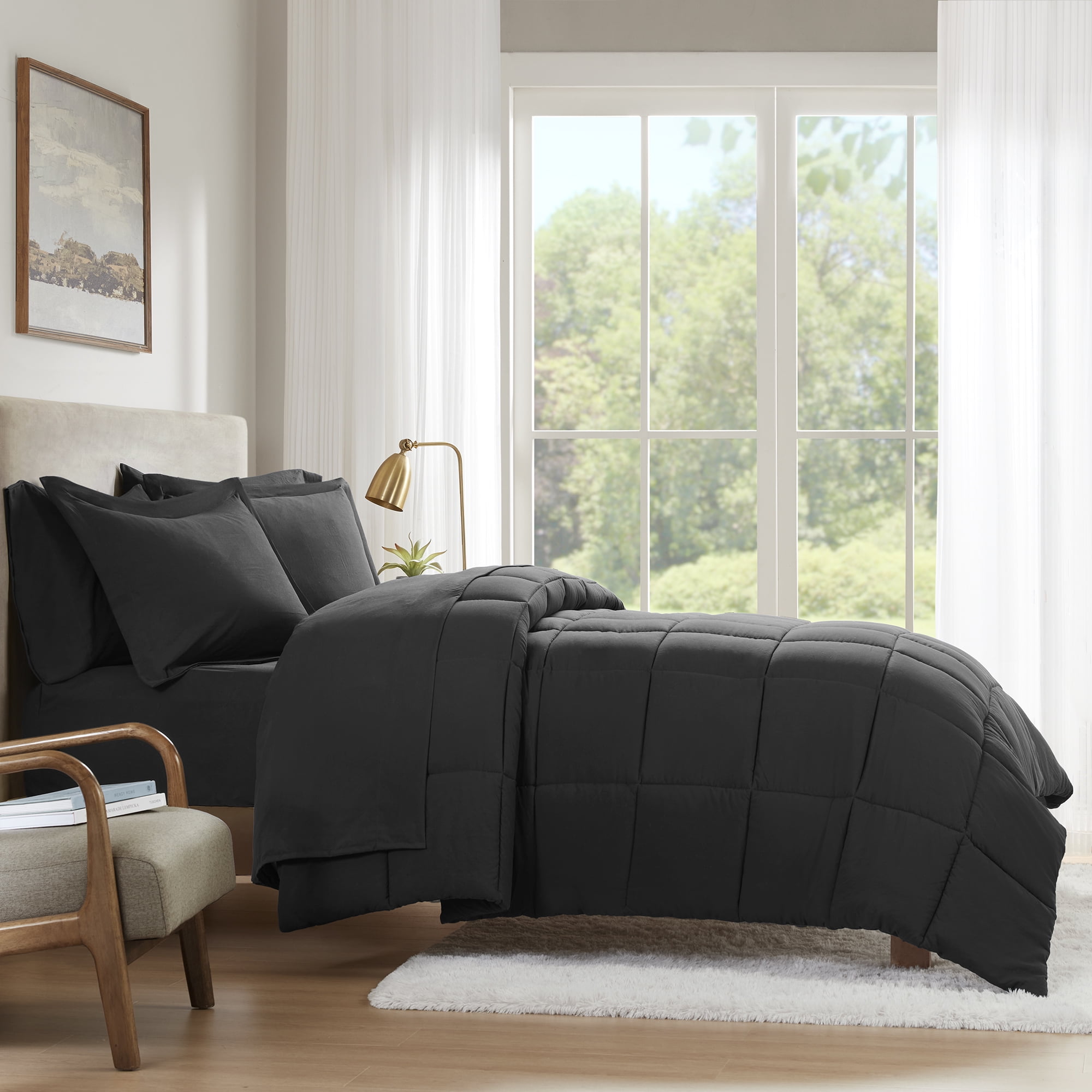 Mainstays 7-Piece Down Altermative Bed in a Bag Comforter Set, Black ...