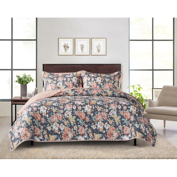 Mainstays 7 Piece Gray Floral Reversible Quilt Set with Pink Blush ...