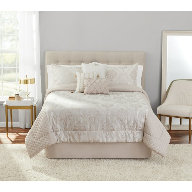 Mainstays 7-Piece Ivory Quilted Jacquard Comforter Set, King, Adult ...