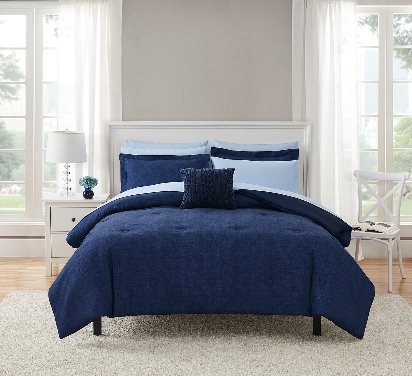 Mainstays 7 Piece Navy Bed in a Bag Comforter Set with Sheets, Twin-XL ...