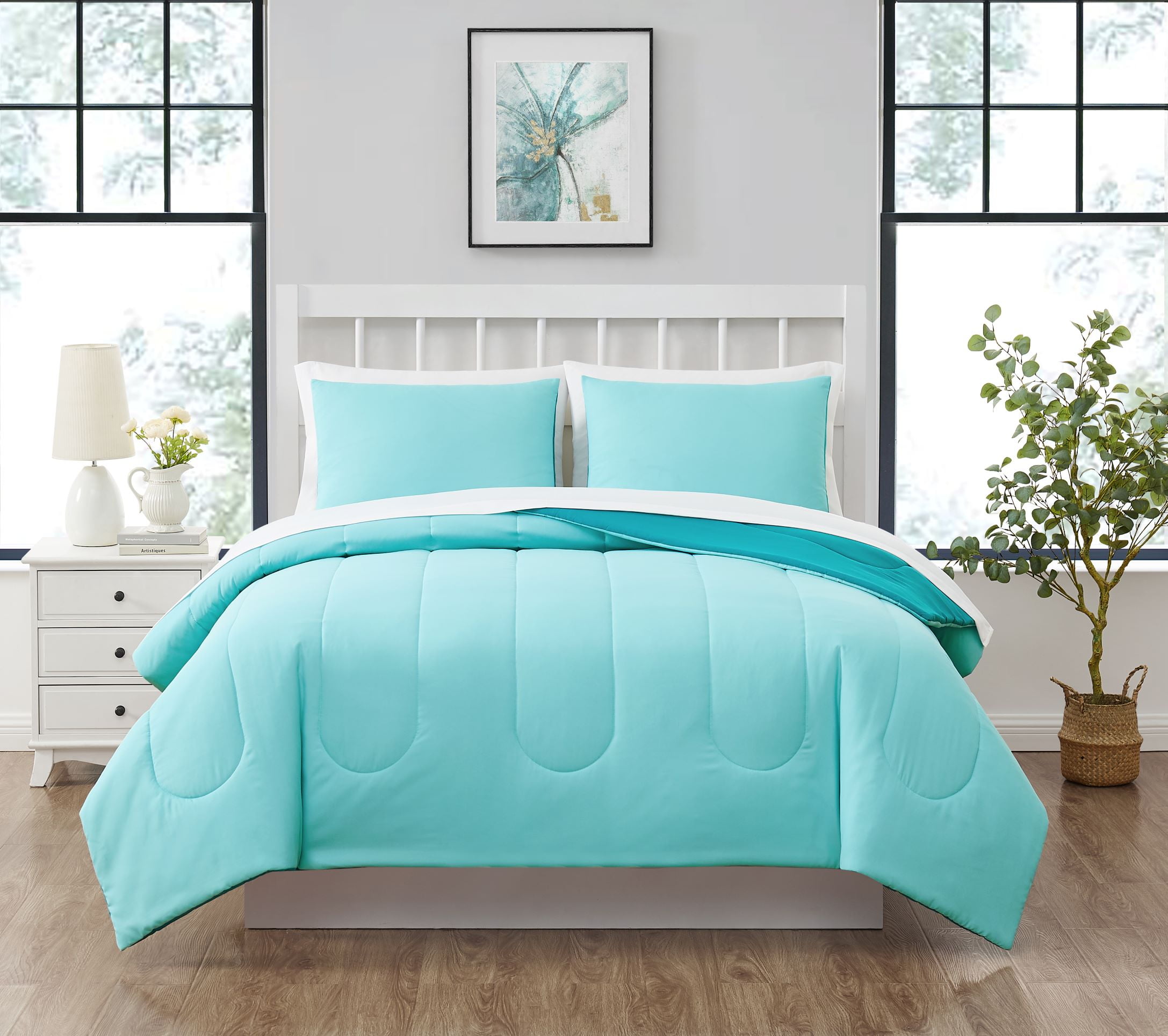 Mainstays 7-Piece Reversible Mint Stripe Bed In a Bag Comforter Set ...