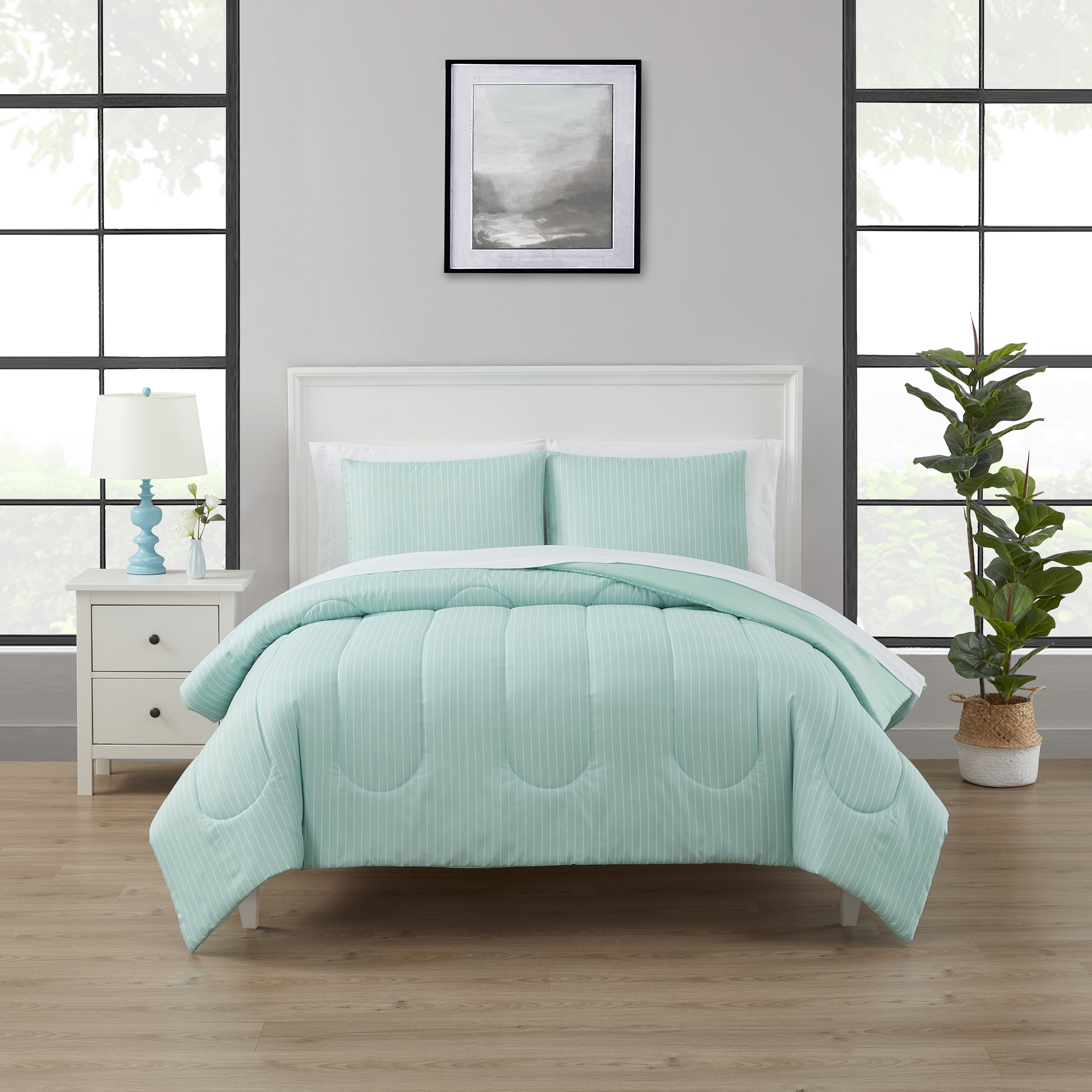 Mainstays 7-Piece Reversible Mint Stripe Bed in a Bag Comforter Set ...