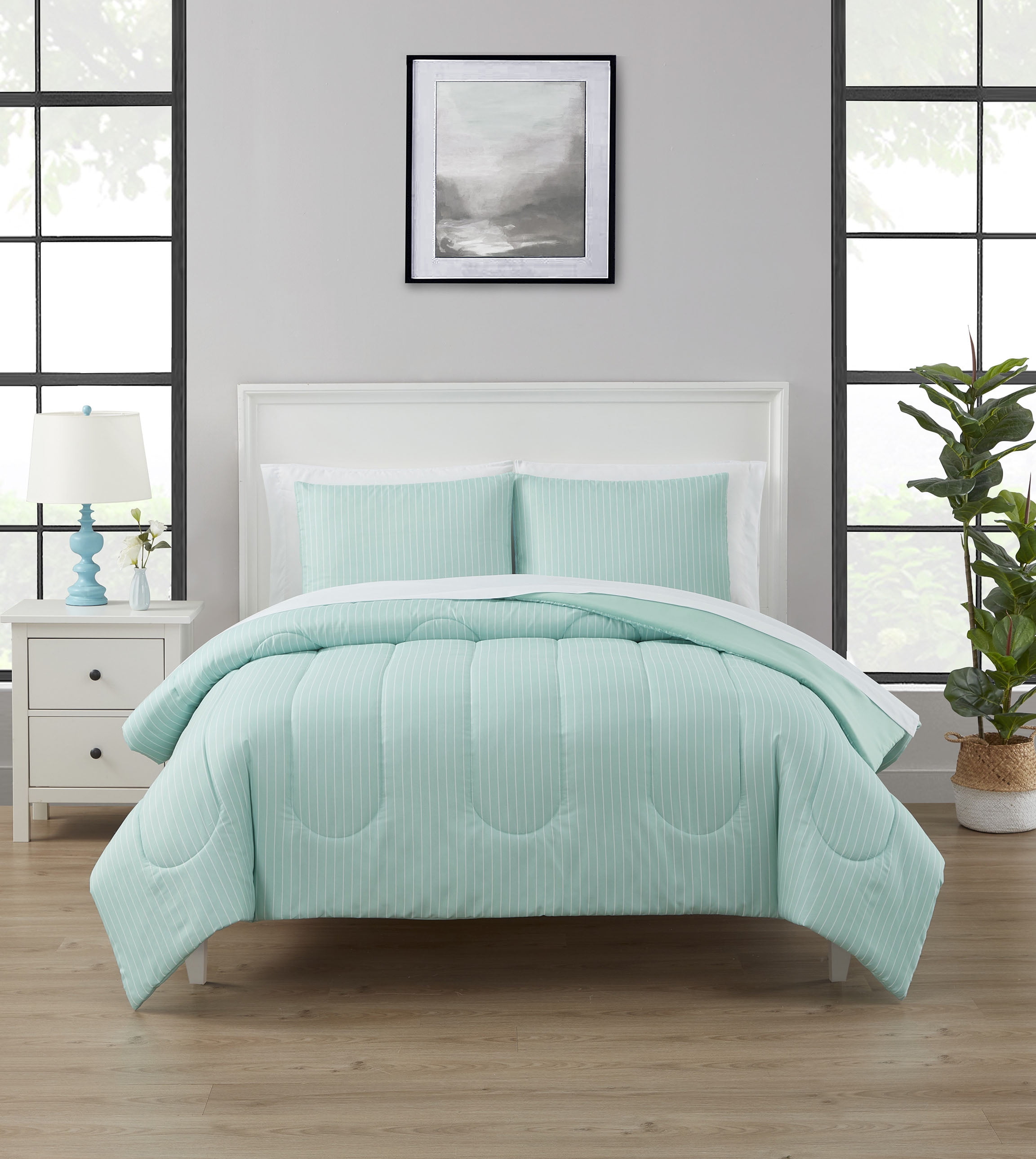 Mainstays 7-Piece Reversible Mint Stripe Bed in a Bag Comforter Set ...