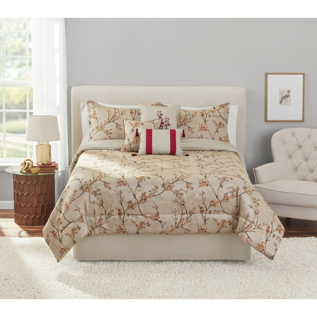 Mainstays 7-Piece Tan and Red Cherry Blossom Jacquard Comforter Set ...